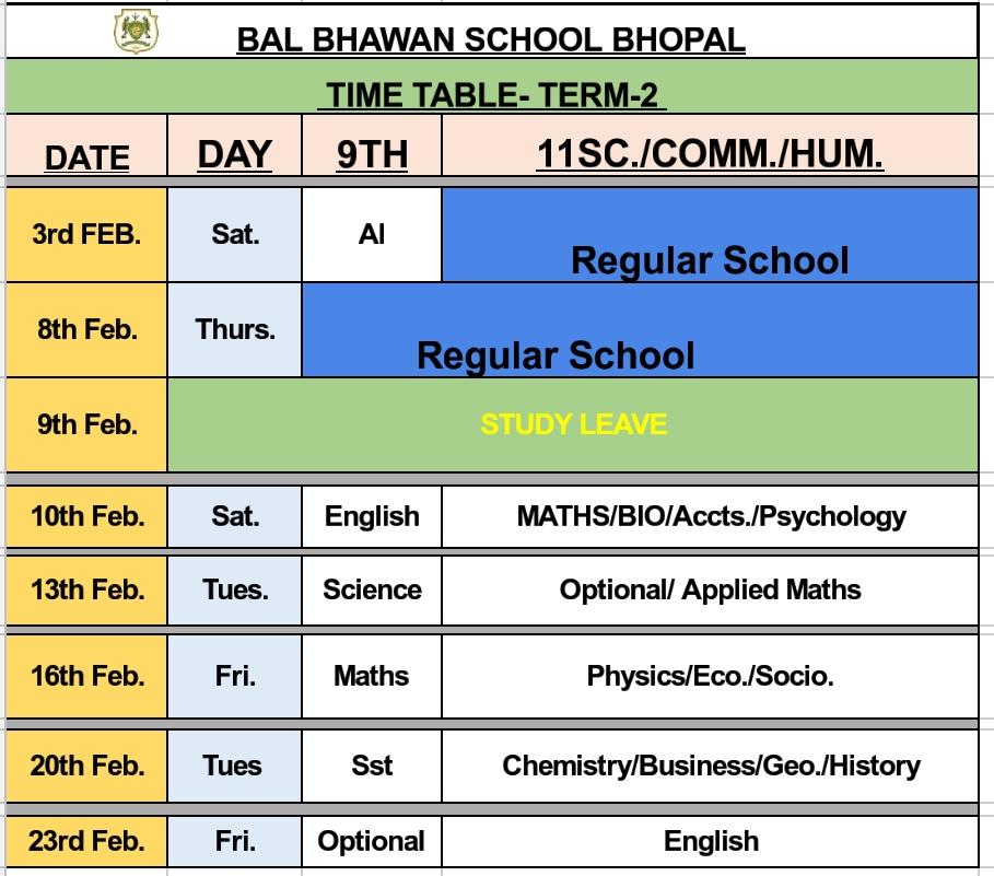 Time table - Bal Bhawan School Bhopal
