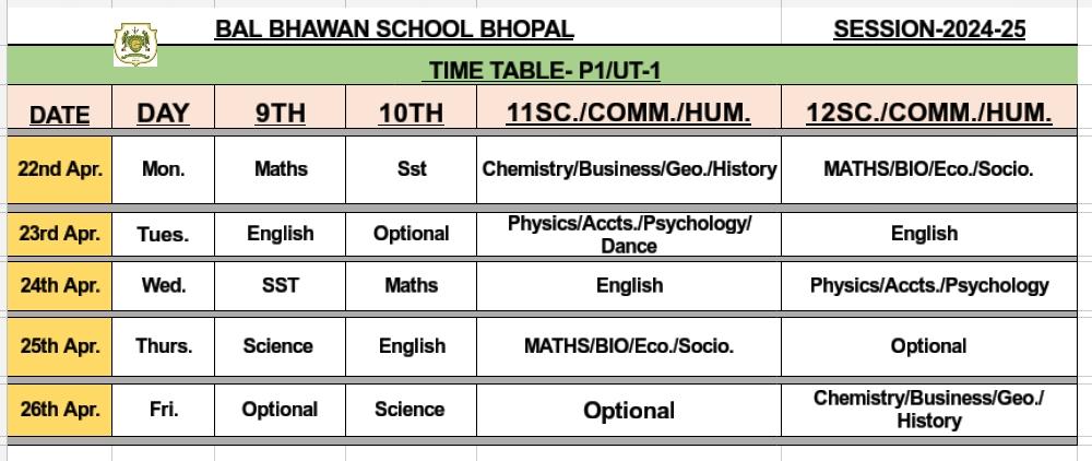 Time table - Bal Bhawan School Bhopal