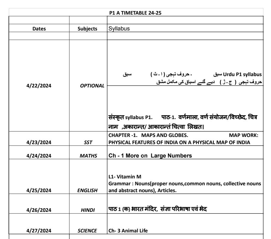 Time table - Bal Bhawan School Bhopal