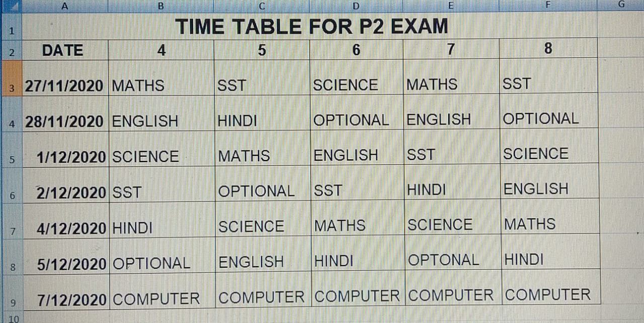 Time table - Bal Bhawan School Bhopal